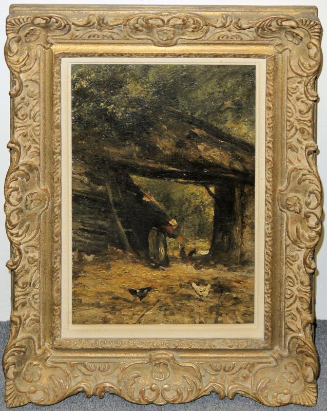 Charles Jaques, Die Hühnerfütterung, Ölgemälde, Goldstuckrahmen ...