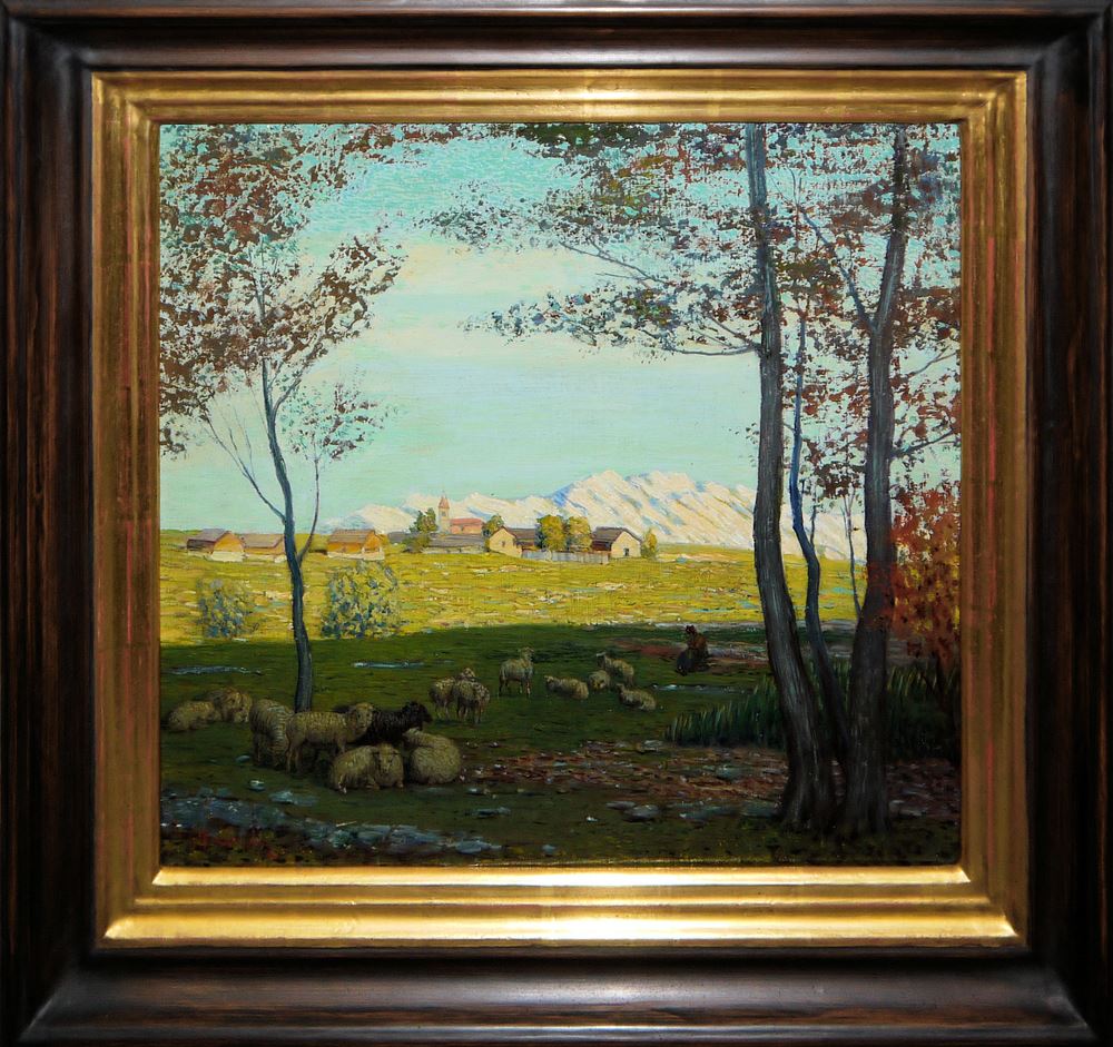 0757-Carlo Constantino Tagliabue, Lagernde Schafe vor gleißendem Bergpanorama (Südtirol ...